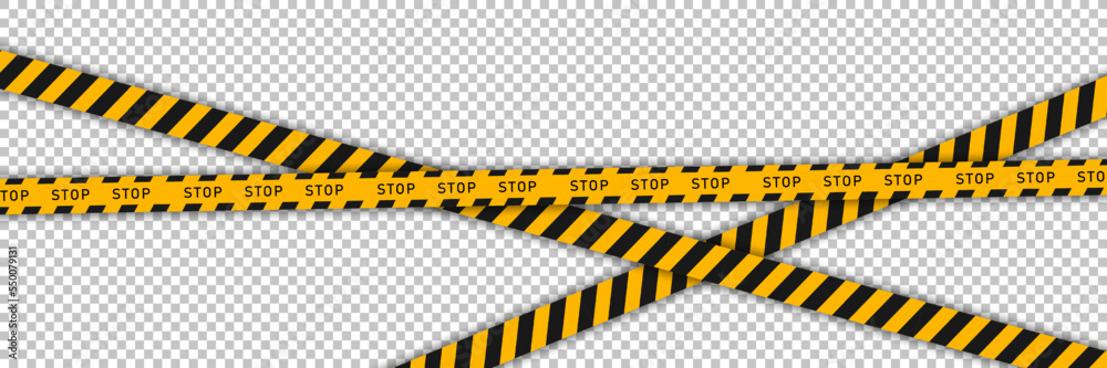 Yellow barricade tape with black diagonal stripes and text "STOP ...