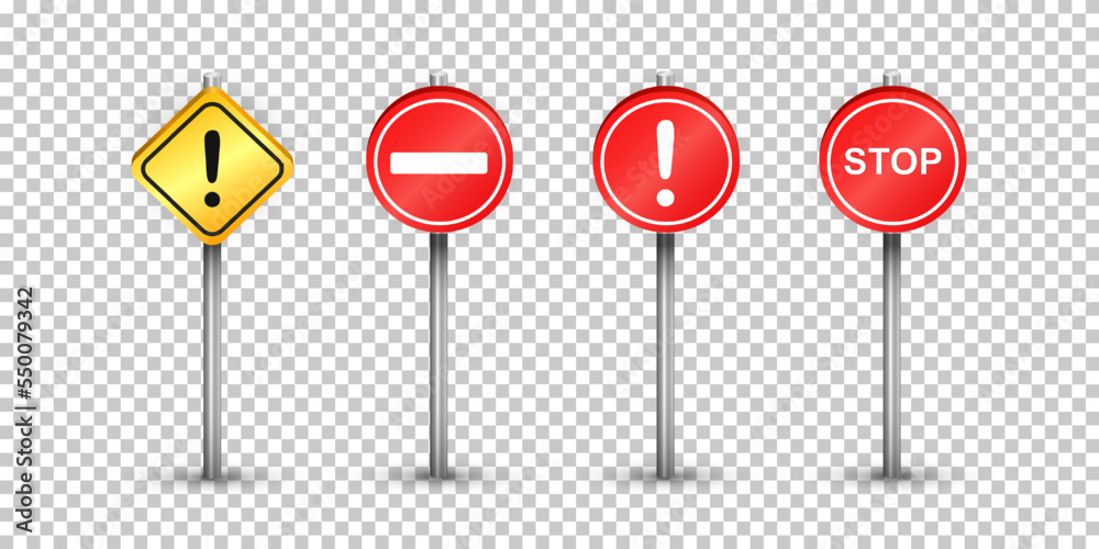 Set of 3d road signs with metal pillar. Yellow rhombus and red circles ...