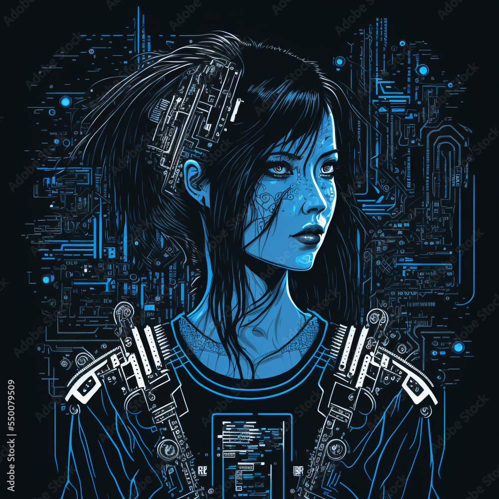Cyberpunk Girl with Blue Computer Schematics Behind Her and on Her Face ...