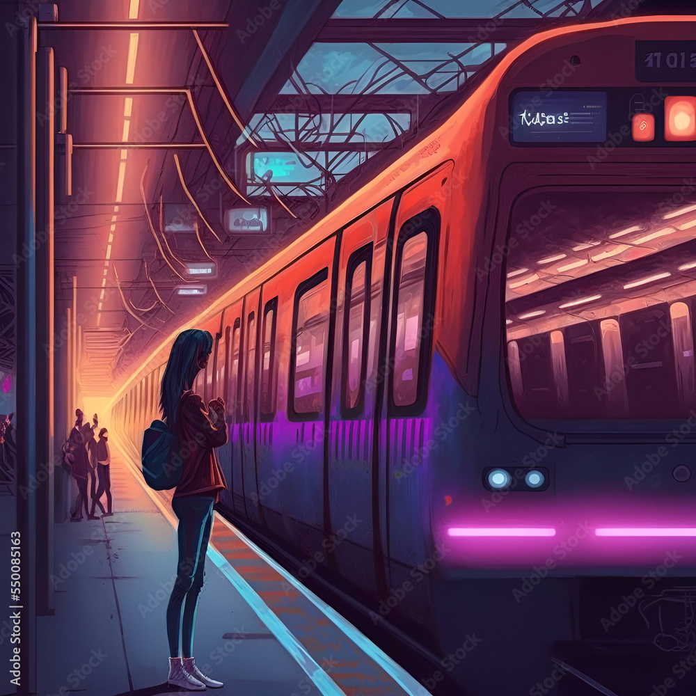 Vaporwave Image of a Woman Waiting for a Neon Lit Train. [Digital Art ...