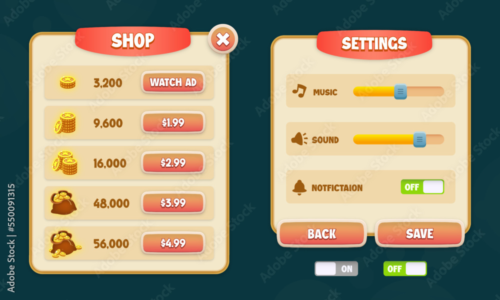 Set of Shop and Settings popup with editable text effect and on and off ...
