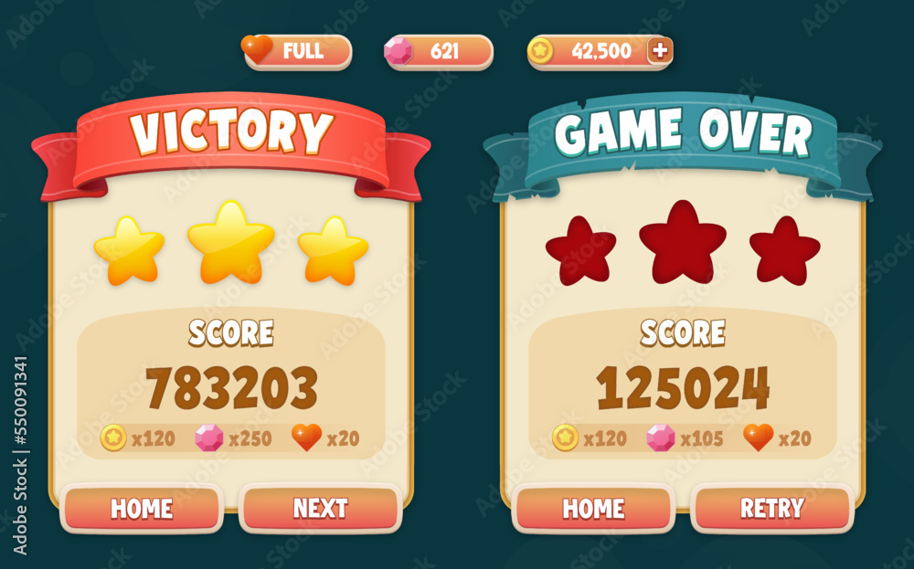 Vector game UI elements. Set of Victory, Gameover popup with editable ...