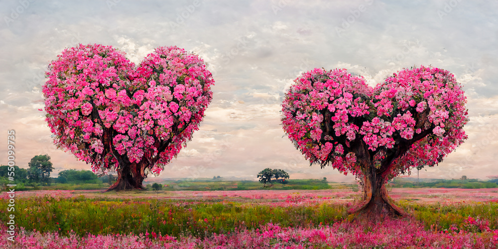 Romantic landscape symbol of love with heart shaped trees and pink ...
