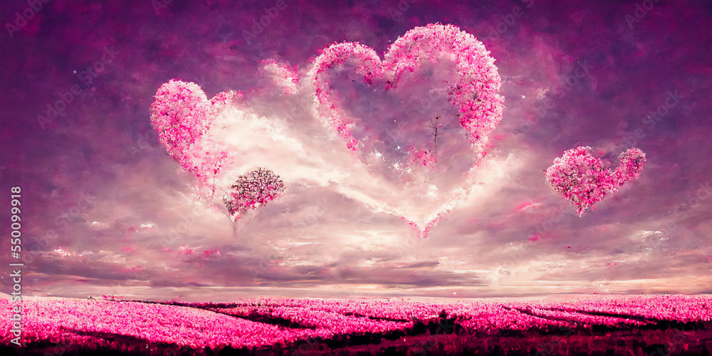 The romantic landscape features heart-shaped trees in a pink color ...