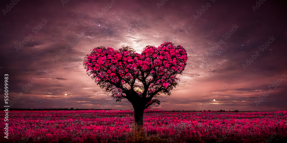 Romantic landscapes are often depicted with heart-shaped trees and pink ...