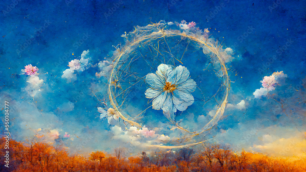 A beautiful, abstract view of a spring sky is adorned with a circular ...