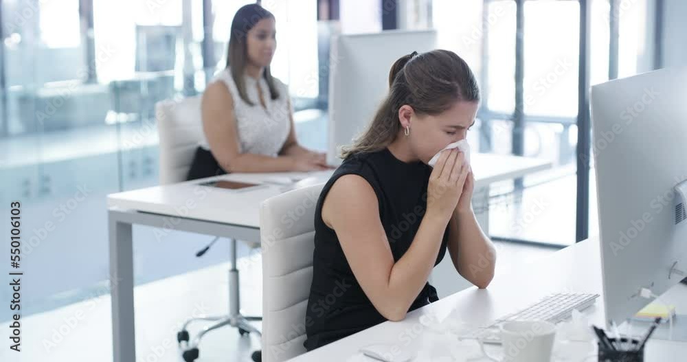 Nose, allergy and sick business woman at computer office desk for dust ...