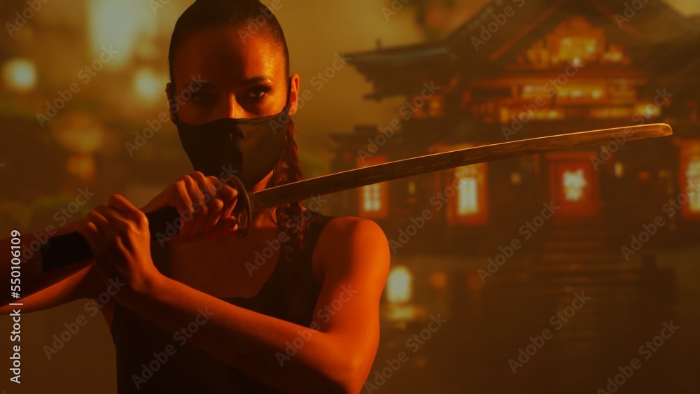 Young and beautiful ninja girl in a mask and with a katana. Samurai ...