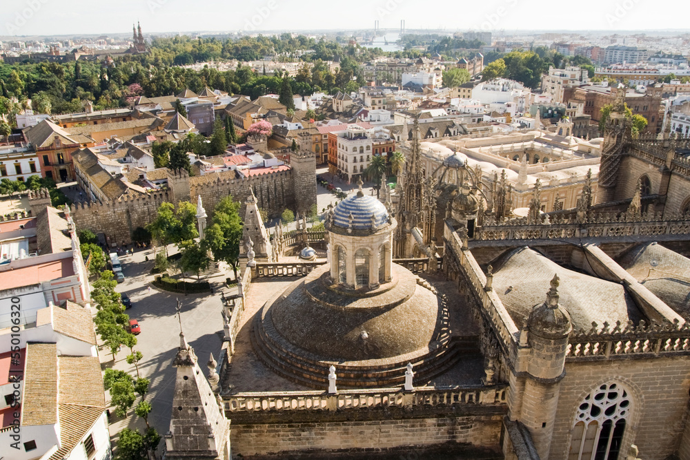 Top view of the Sacristia Mayor dome from the top of La Giralda (cathedral tower) in Sevilla ...