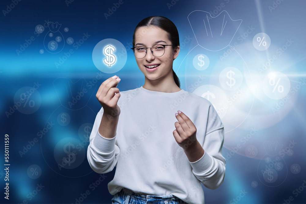Teenage girl making money gesture, rubbing fingers, background with ...