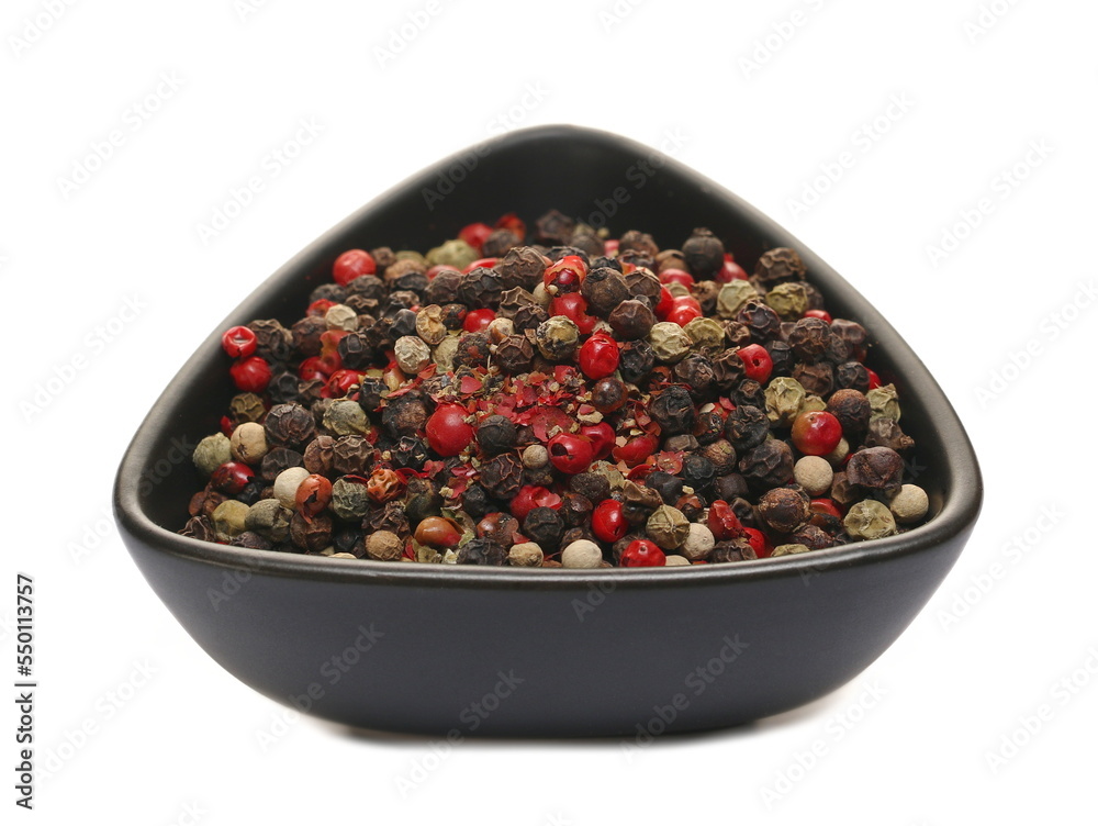 Colorful mixed pepper grains in bowl isolated white Stock Photo | Adobe ...