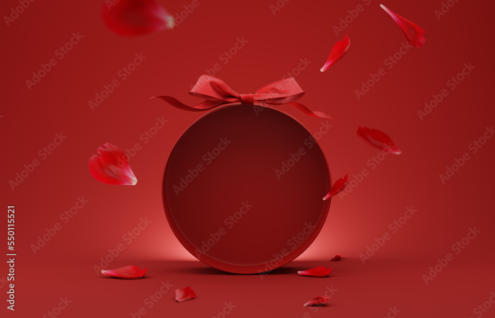 3D podium, display, background. Red, surprise, open gift box. Rose ...