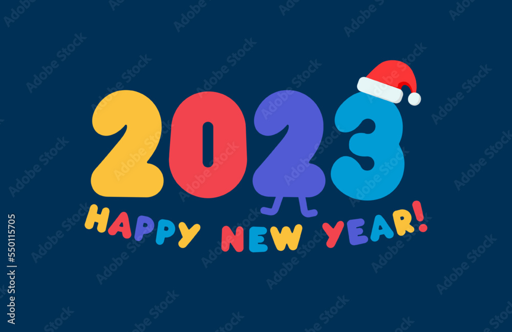 2023 numbers in cartoon style with color balloons and Santa hat. Happy ...