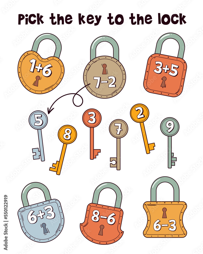 Pick the key to the lock. Educational math game for children. Cartoon ...