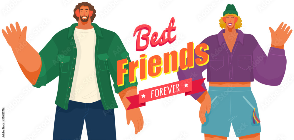 Best friends day. June 8. Boy and girl standing together waving hands ...