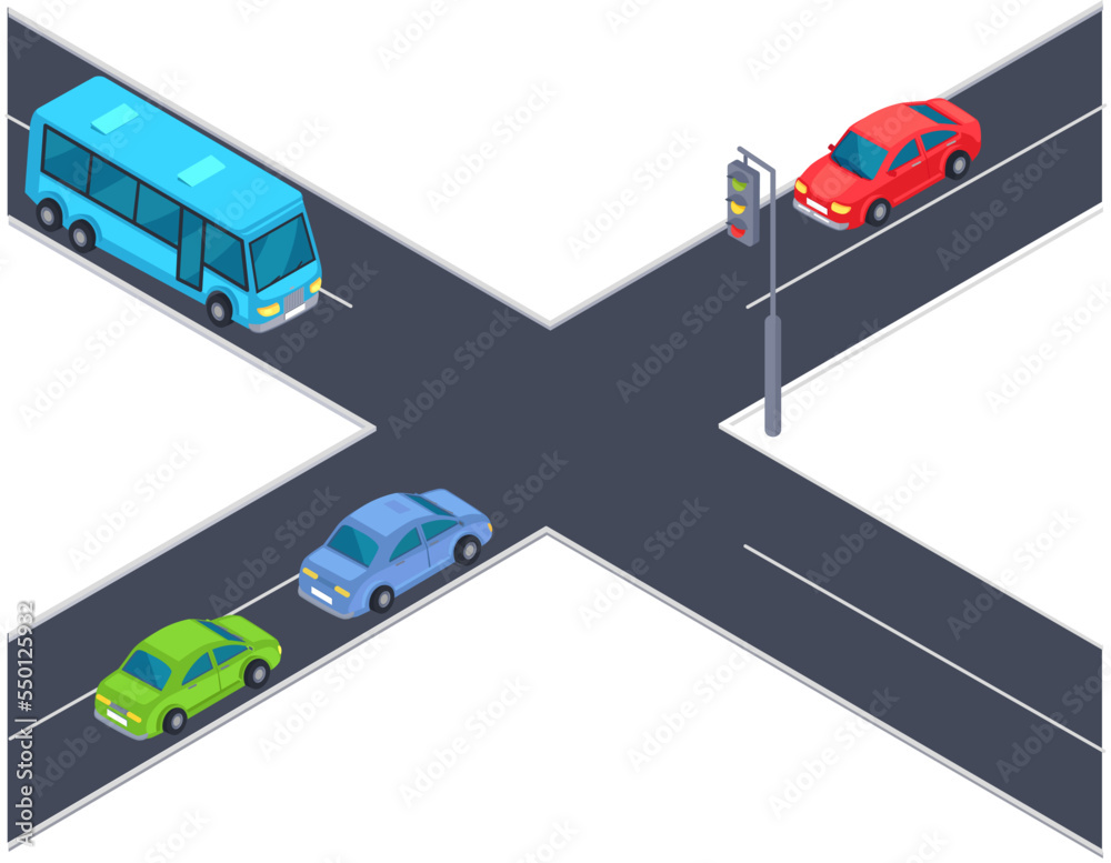 Crossroad street with cars vector illustration. Intersection with ...