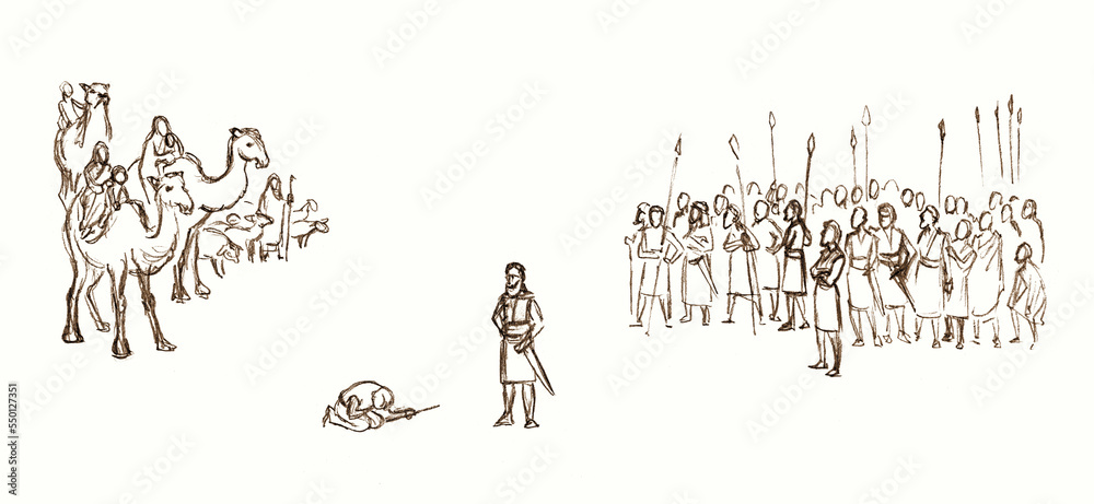 Pencil drawing. The army watches the meeting of Jacob and Esau Stock ...