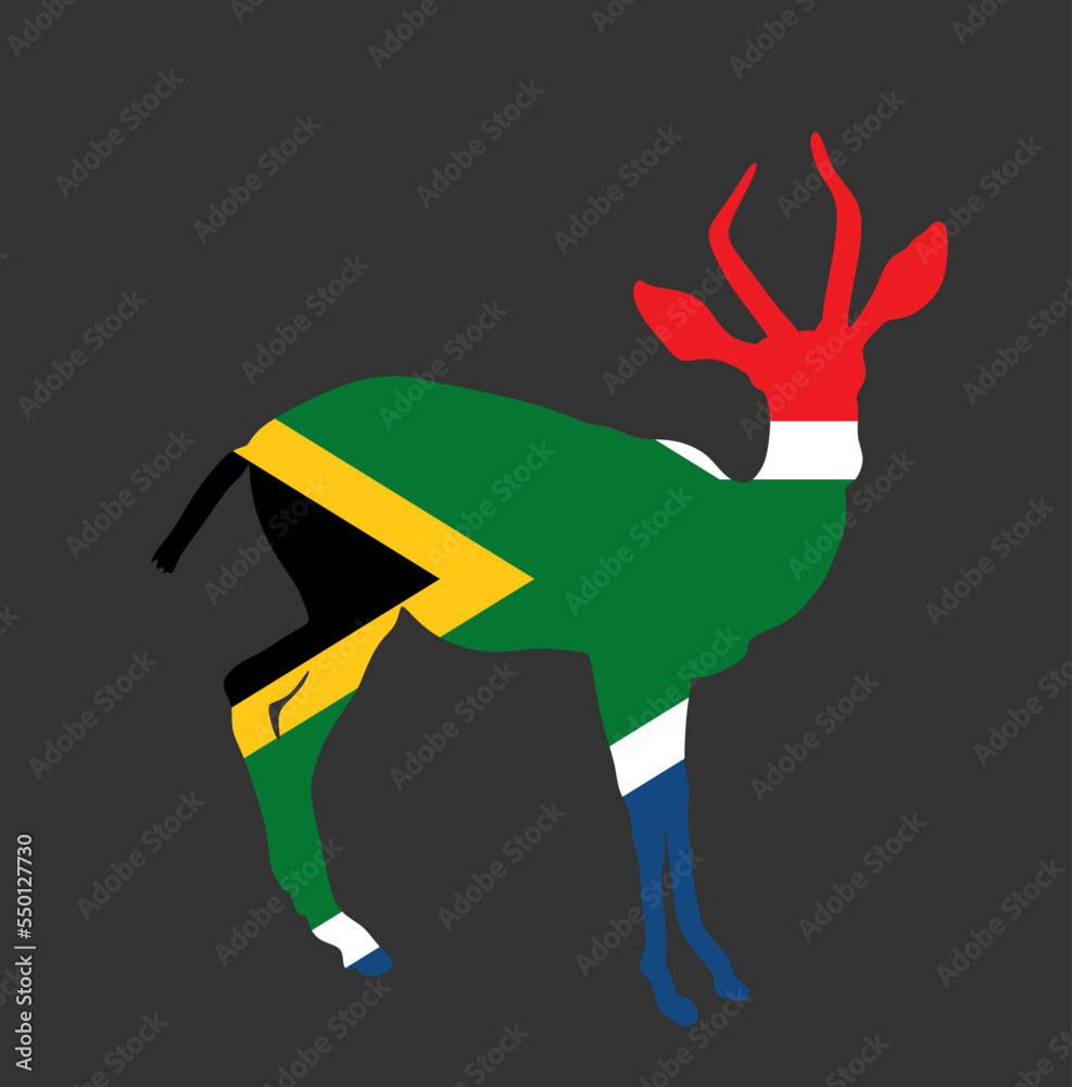 South Africa flag over Dorcas gazelle vector silhouette illustration ...