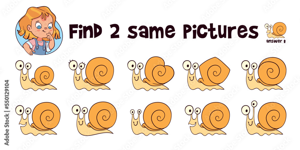 Snail. Find two same objects. Educational game for children. Cartoon ...