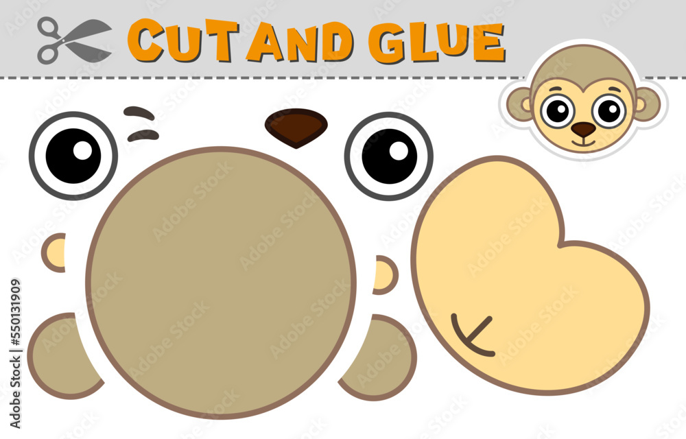 Cut out applique and glue a monkey head. Vector illustration. Paper ...