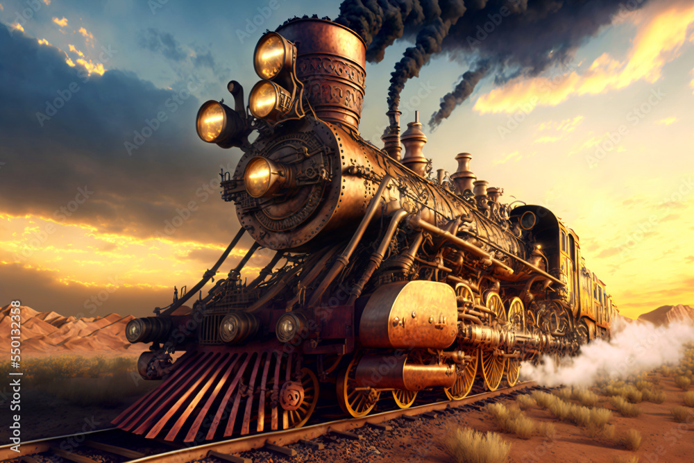 old historic steam locomotive in the desert, fictional train created ...
