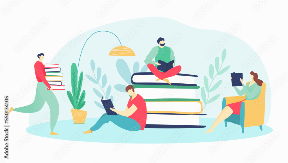 Group of people student together reading textbook, tiny character ...