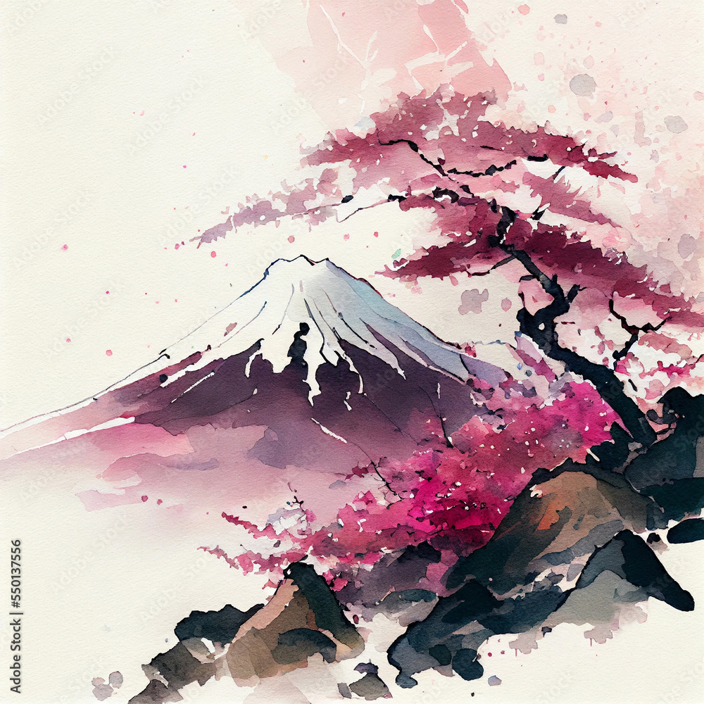 Japan traditional sumi-e painting. Fuji mountain, sakura, sunset. Japan ...