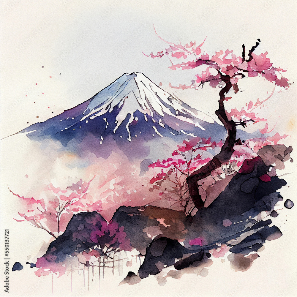 Japan traditional sumi-e painting. Fuji mountain, sakura, sunset. Japan ...