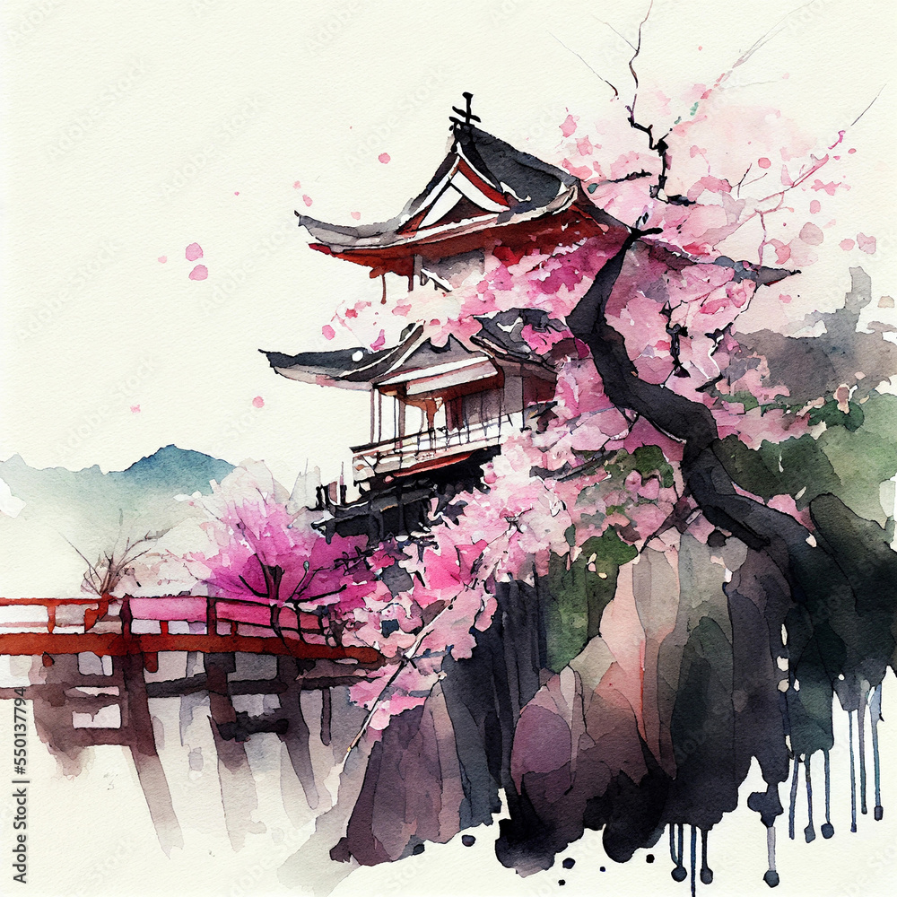 Japan traditional sumi-e painting. Fuji mountain, sakura, sunset. Japan ...