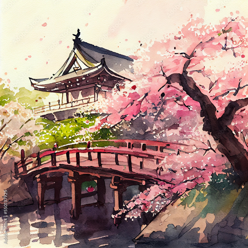 Japan traditional sumi-e painting. Fuji mountain, sakura, sunset. Japan ...