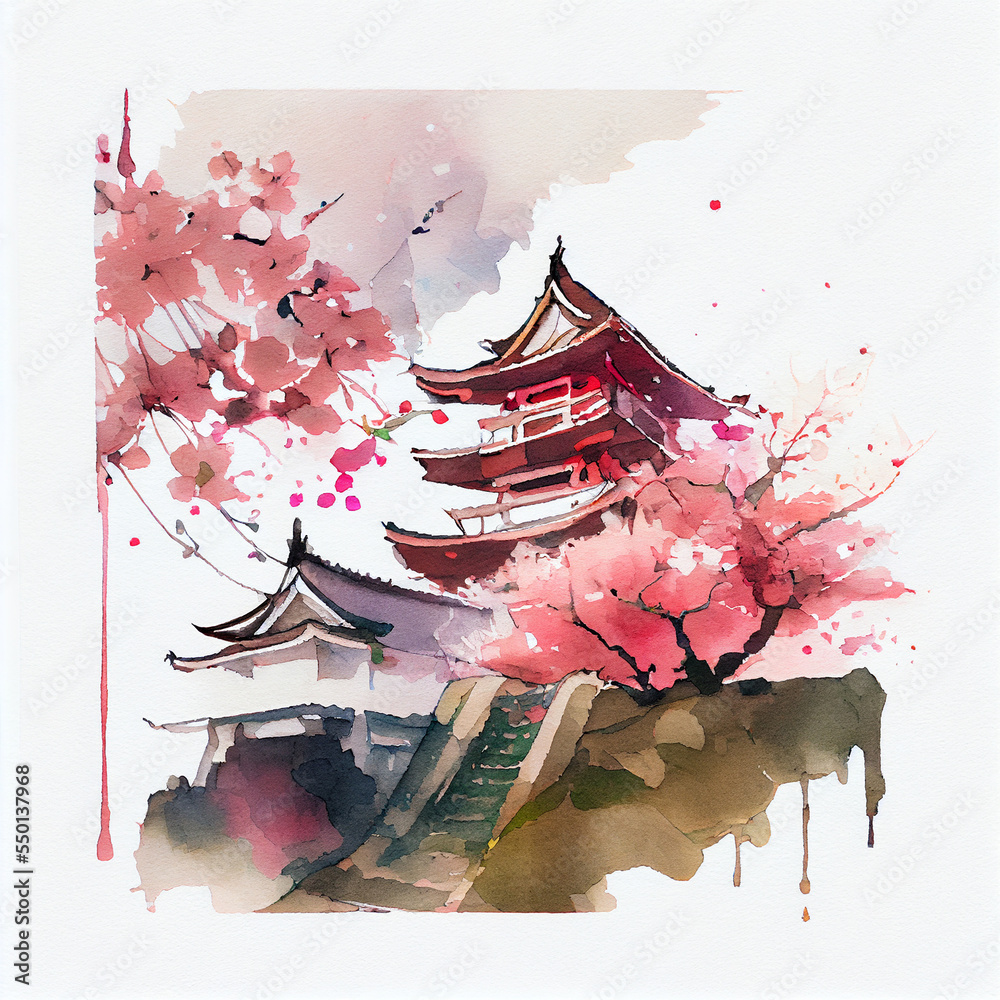 Japan traditional sumi-e painting. Fuji mountain, sakura, sunset. Japan ...