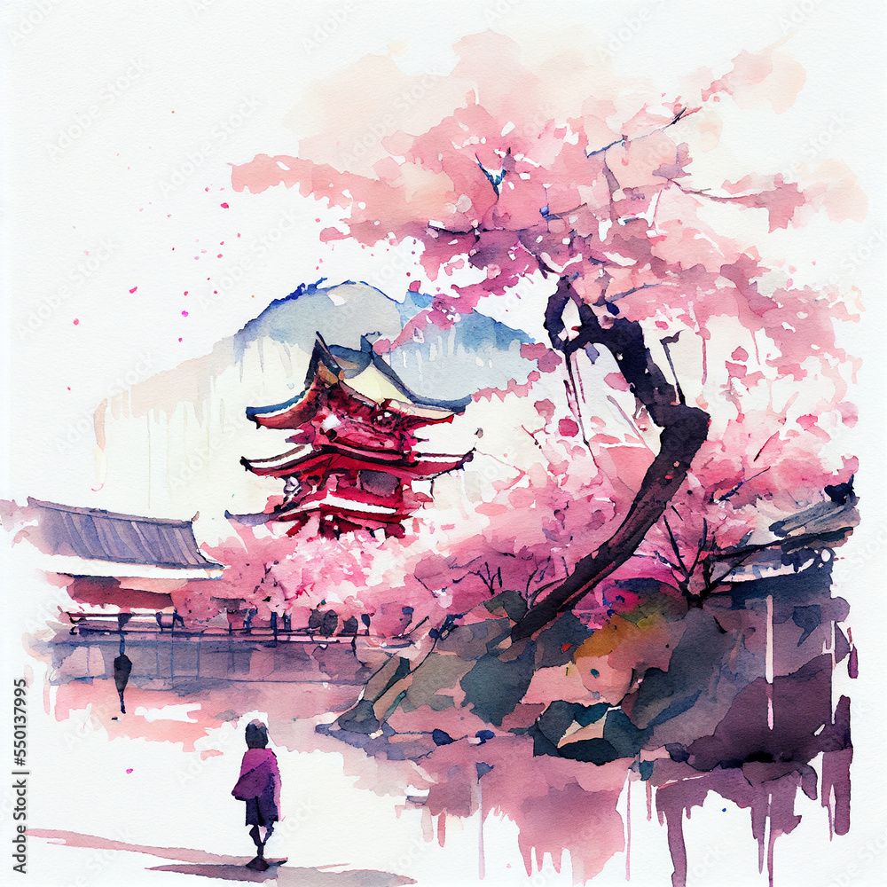 Japan traditional sumi-e painting. Fuji mountain, sakura, sunset. Japan ...