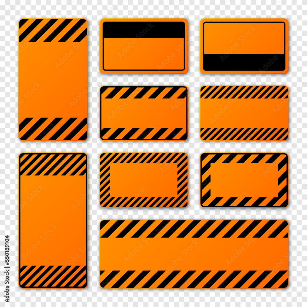 Various blank orange warning signs with diagonal lines. Attention ...