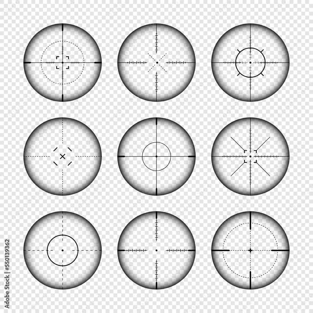 Various weapon sights, sniper rifle optical scopes. Hunting gun ...