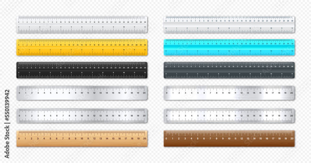 Vetor de Realistic various metal and plastic rulers with measurement ...