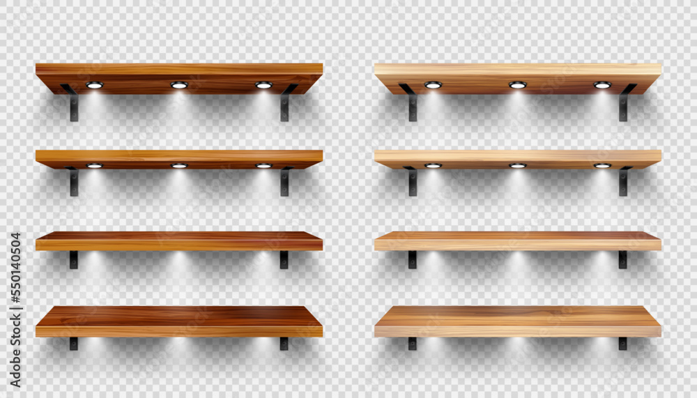 Realistic wooden store shelves with wall mount and lighting, spotlights ...