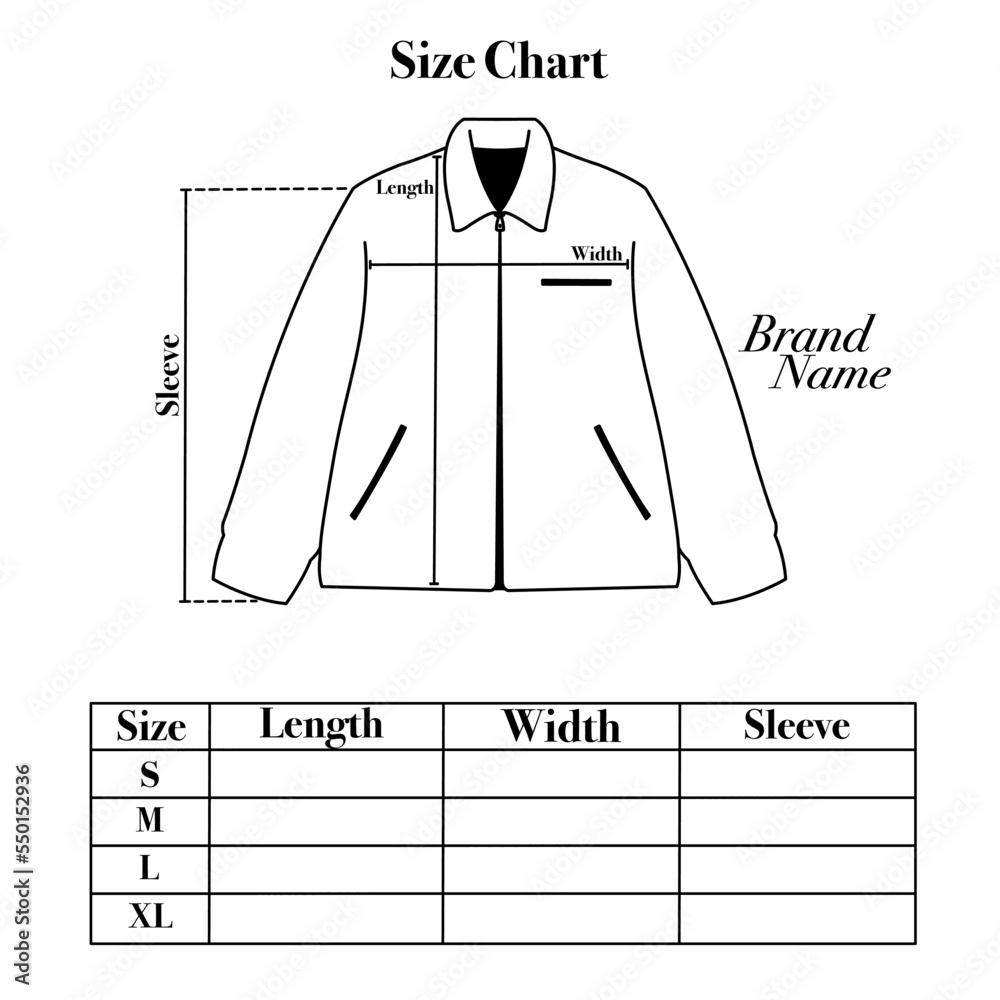 Size chart for work jackets that can be edited as needed. This design ...
