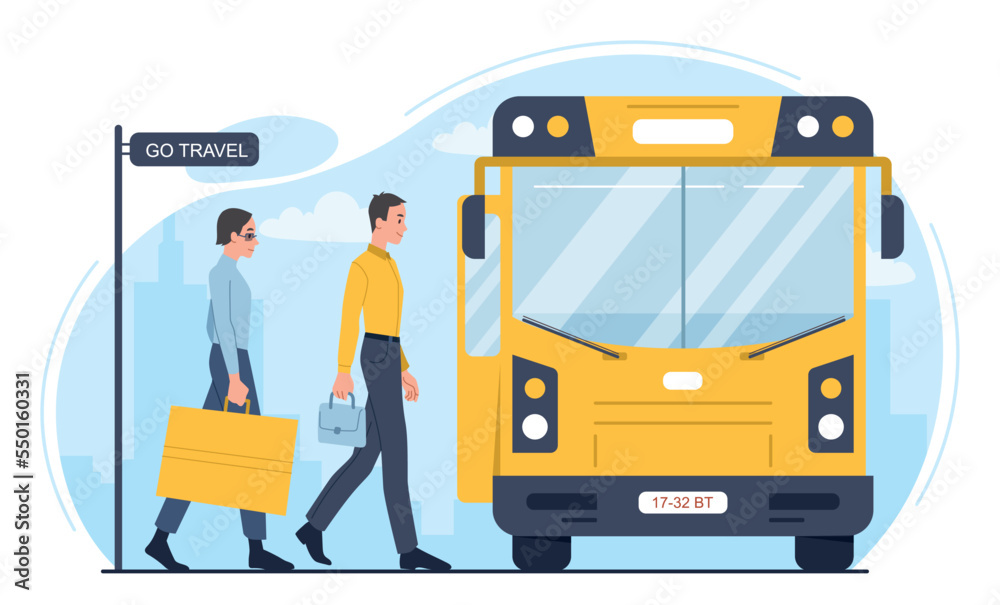 Go travel concept. Men at bus stop waiting for public transport, people ...