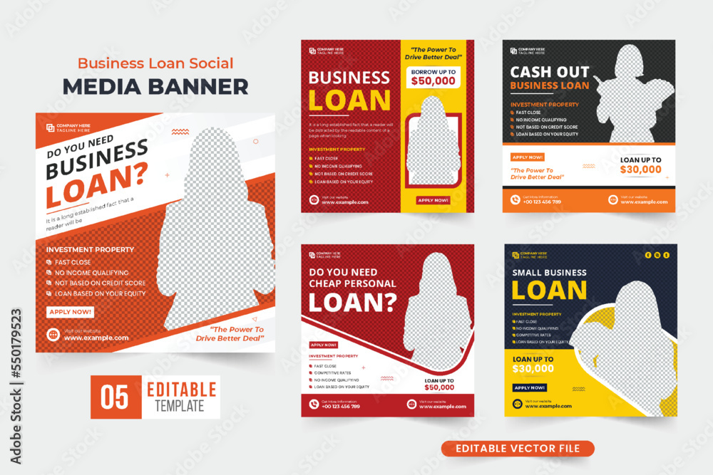 Business loan social media post design collection with yellow and red ...