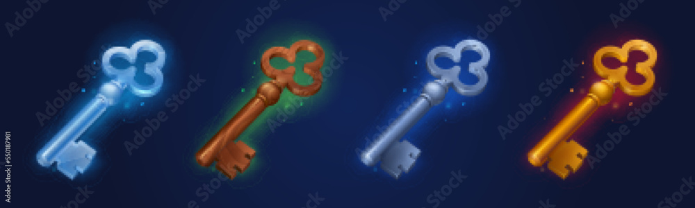 Set of keys made of wood, gold, silver and stone isolated on dark ...