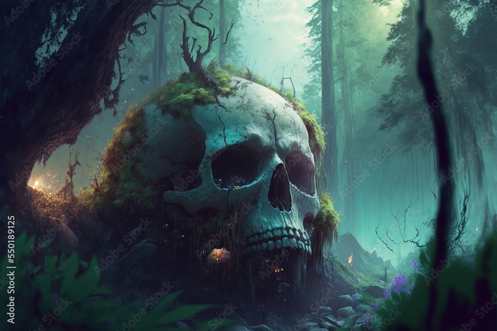 mysterious broken giant skull in fantasy forest. concept art, digital ...