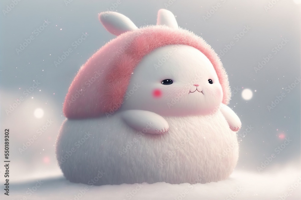 Fluffy rabbit. Cute little rabbit wearing a sweater in the falling snow ...