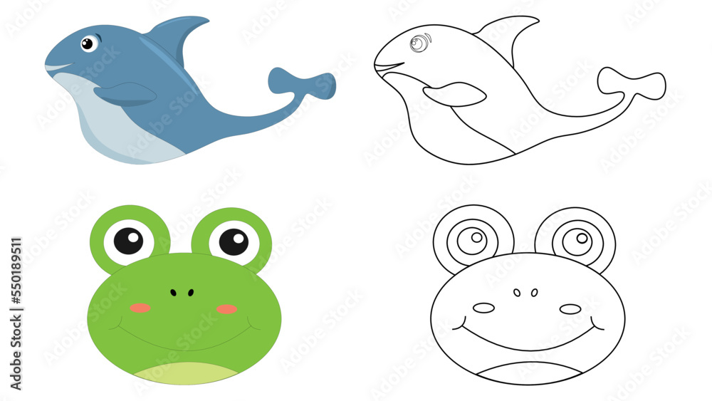 Coloring page with dolphin and green frog Stock Vector | Adobe Stock