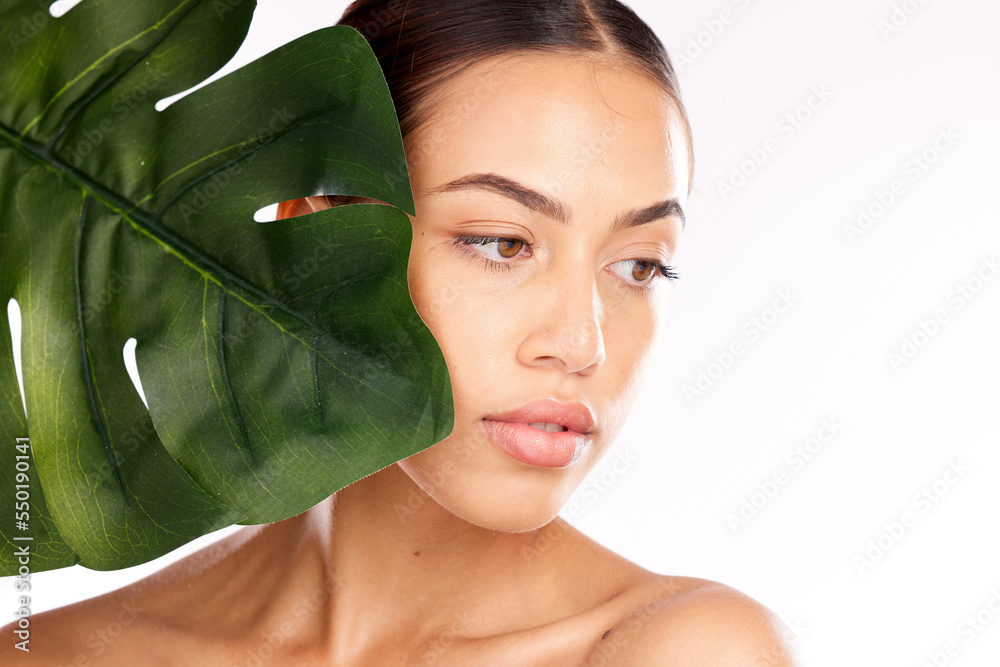 Woman, beauty and face with leaf in skincare for natural healthy ...