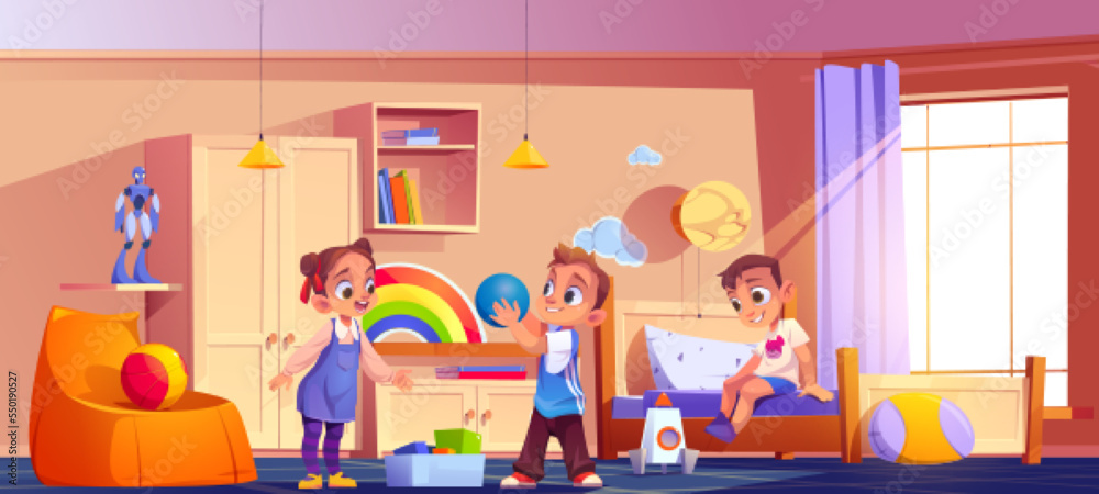 Kids playing in room, children at home interior with bed, furniture and ...