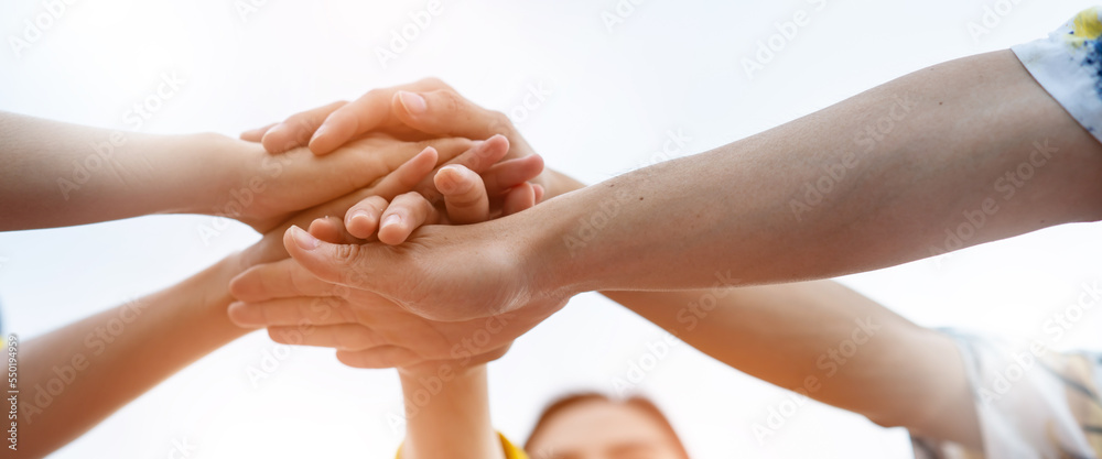 Panoramic Happy volunteer,teamwork business join hand together concept ...