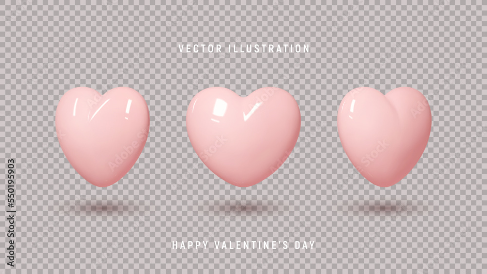 Set of realistic 3d pink heart. Vector illustration with 3d pink hearts ...