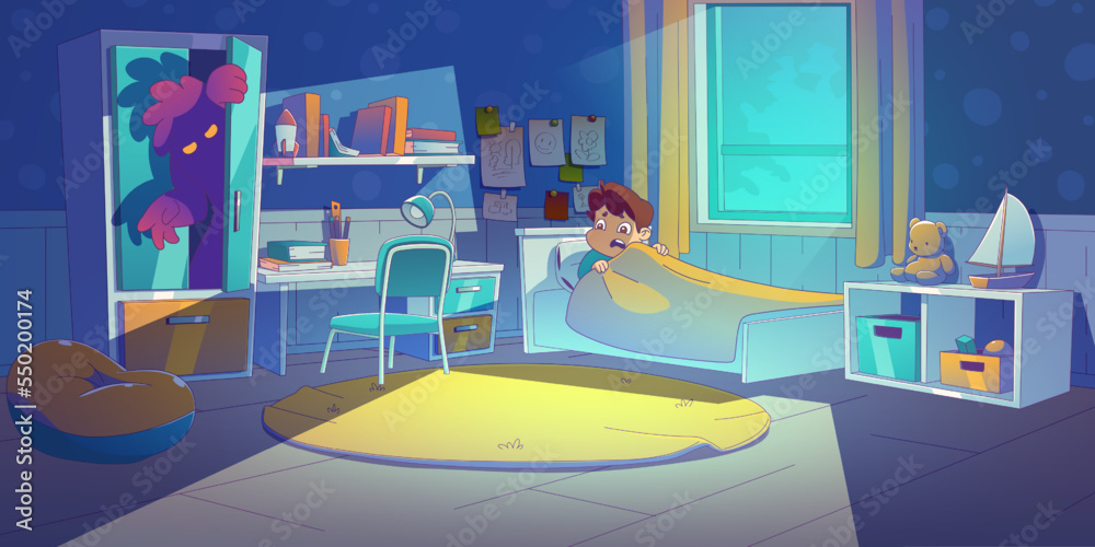 Kid in bed feel fear due to nightmare with monster hiding in wardrobe ...