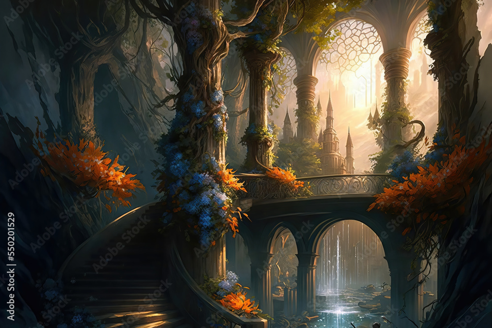 AI generated image of a large Elven or Elvish city with arches, marble ...