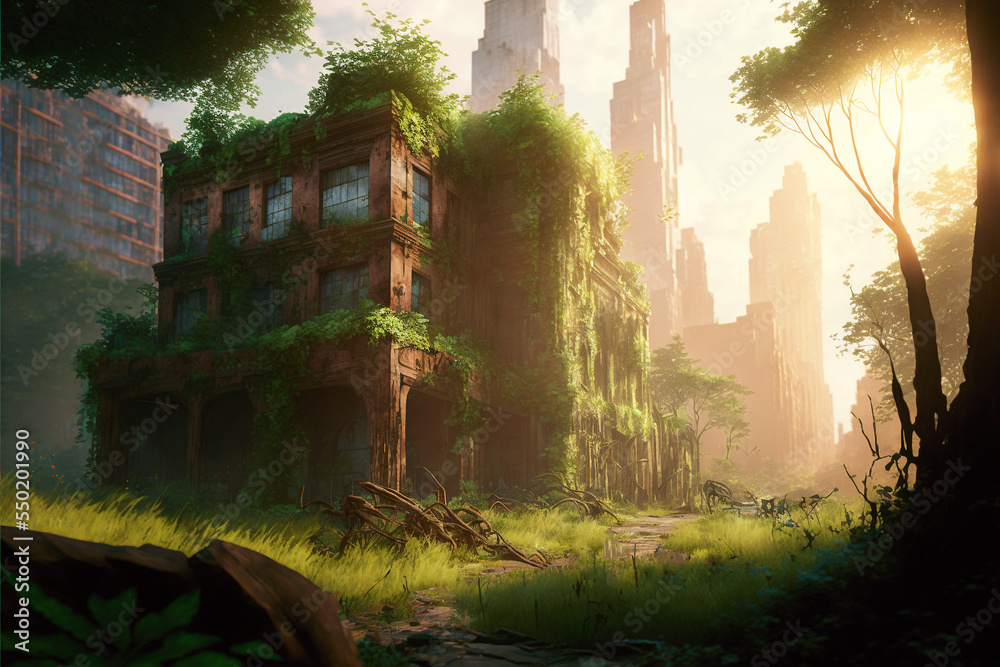 Concept Art Illustration Of Post Apocalyptic City Overgrown With Lush Vegetation Stock